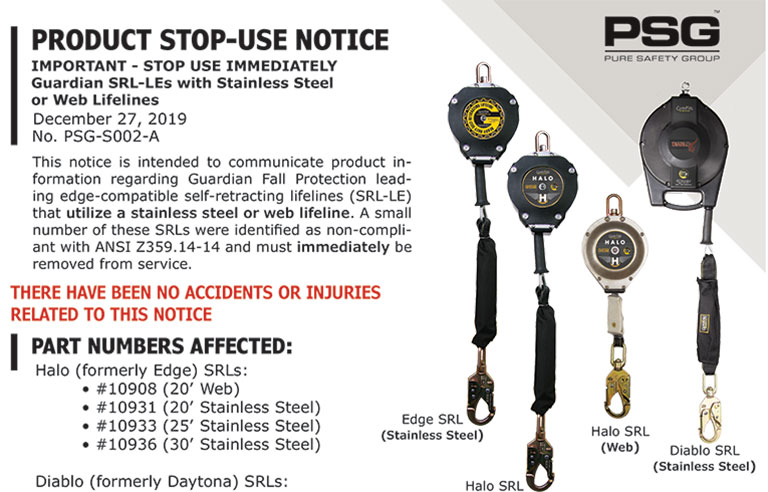 Pure Safety Group recalls SRLs with stainless steel or web lifelines ...